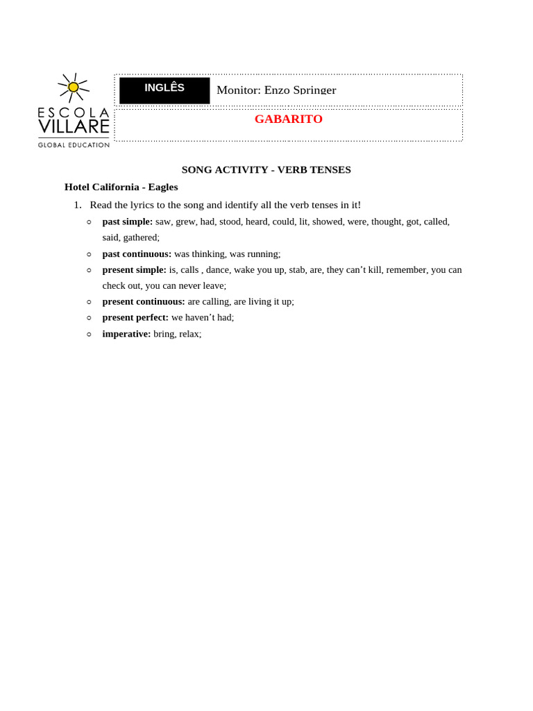 SONG ACTIVITY - Hotel California - Answer | PDF