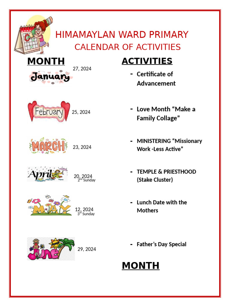 Calendar of Activity Primary | PDF