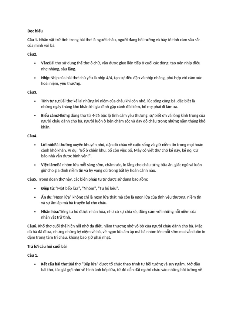 Đọc hiểu Câu 1. Câu2. Vần: Nhịp: Câu3. Tính tự sự: Biểu cảm | PDF