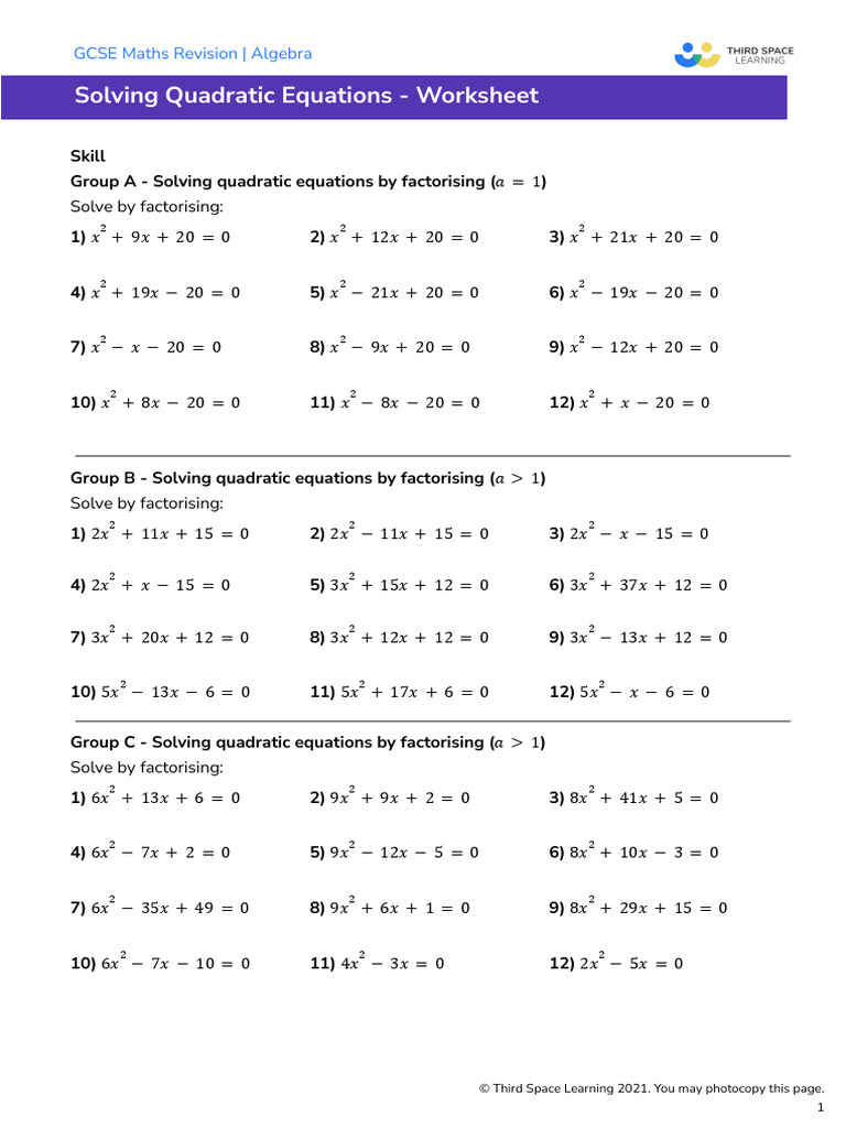 Third Space Learning Solving Quadratic Equations Gcse Worksheet Pdf Equations Factorization