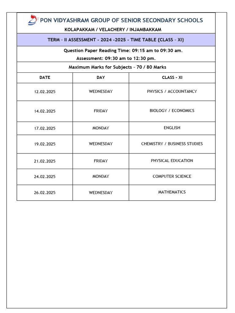 Class XI Term II Assessment Timetable | PDF | Chemistry | Multiple Choice