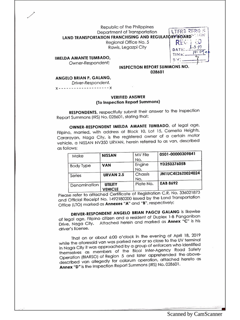 LTFRB Verified Answer | PDF