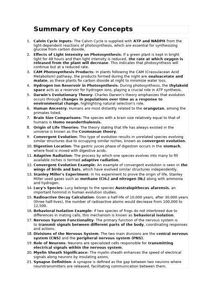 Summary of Key Concepts | PDF | Photosynthesis | Nervous System