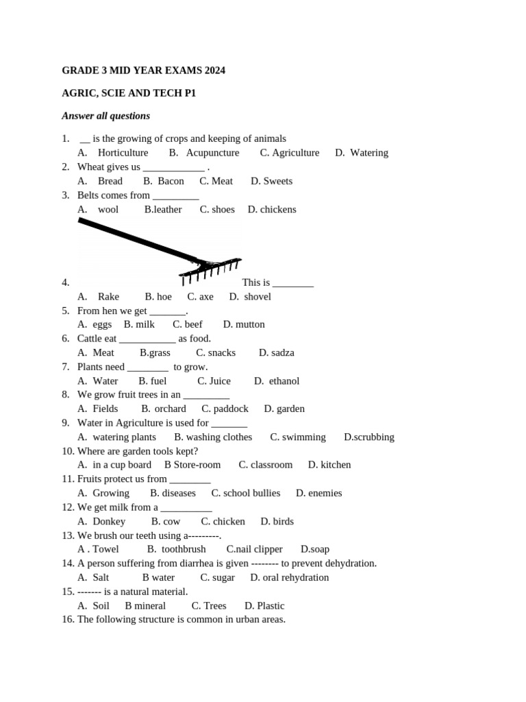 Grade 3 Agricultural Science Exam 2024 | PDF