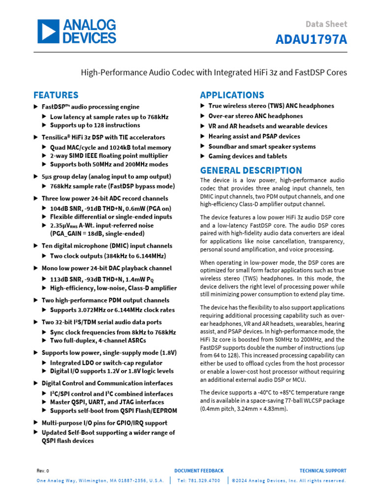 Adau1797a - High-Performance Audio Codec With Integrated HiFi 3z and ...