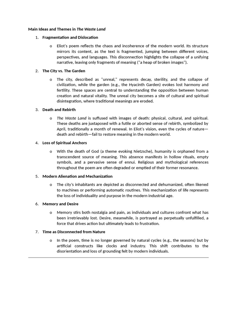 Main Ideas and Themes in The Waste Land | PDF