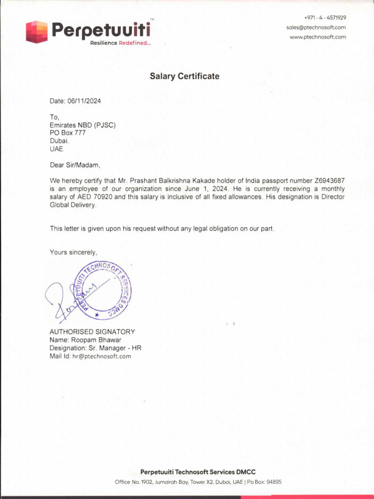 Salary Certificate Prashant Kakade | PDF