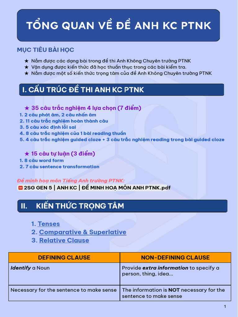 2SG GEN 5 - ANH KC - TỔNG QUAN ĐỀ ANH PTNK | PDF