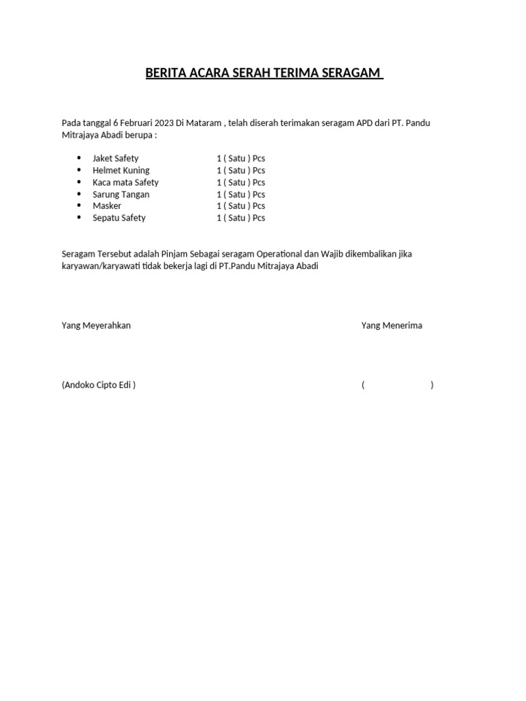 Tanda Terima Seragam APD 2023 | PDF