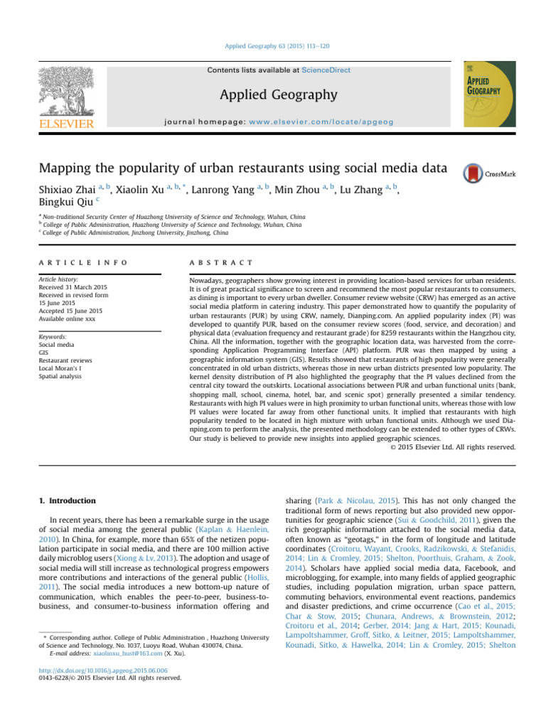 Mapping the popularity of urban restaurants using social media data | PDF | Principal Component ...