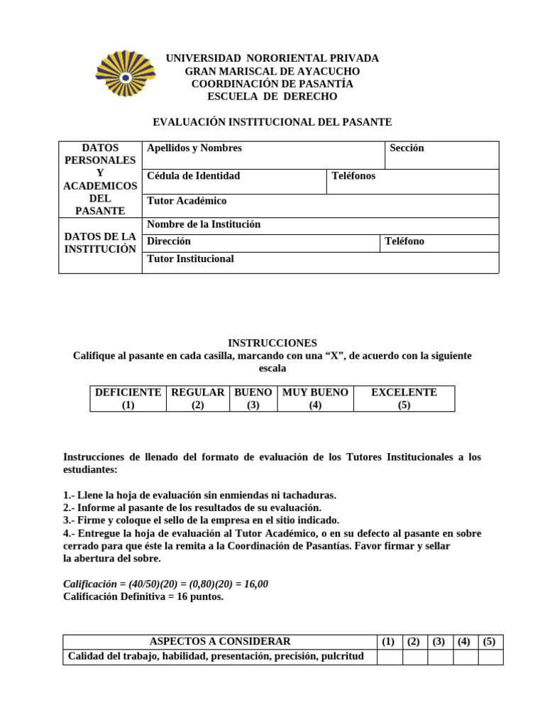 Planilla de EVALUACION DEL TUTOR INSTITUCIONAL | PDF