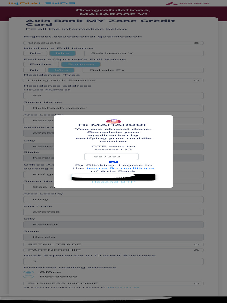 Axis Bank MY Zone Credit Card Application | PDF
