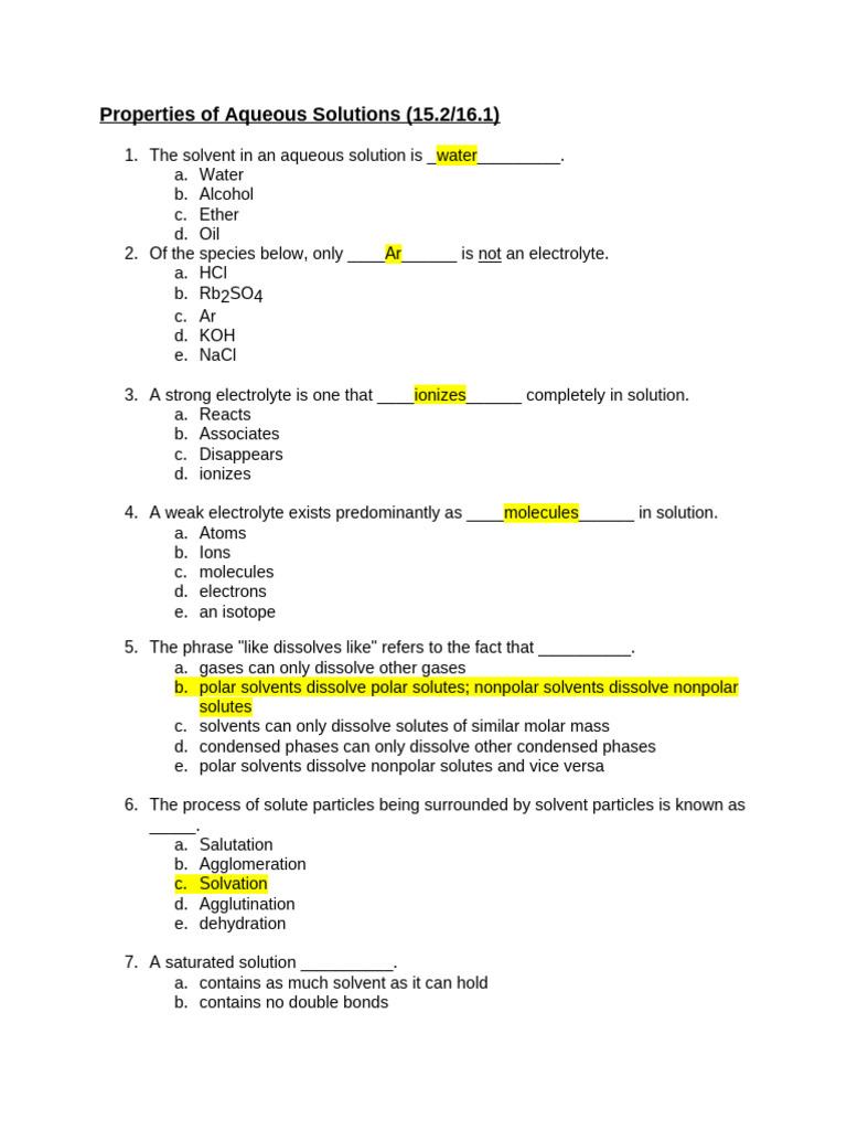Properties of Aqueous Solns and Like Dissolves Like WS | PDF ...