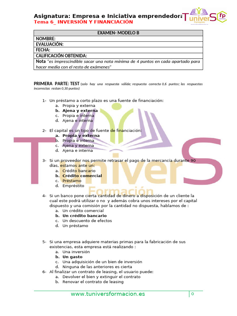 Examen Tema 6 Eie Profesor Modelo B | PDF | Bancos | Interés