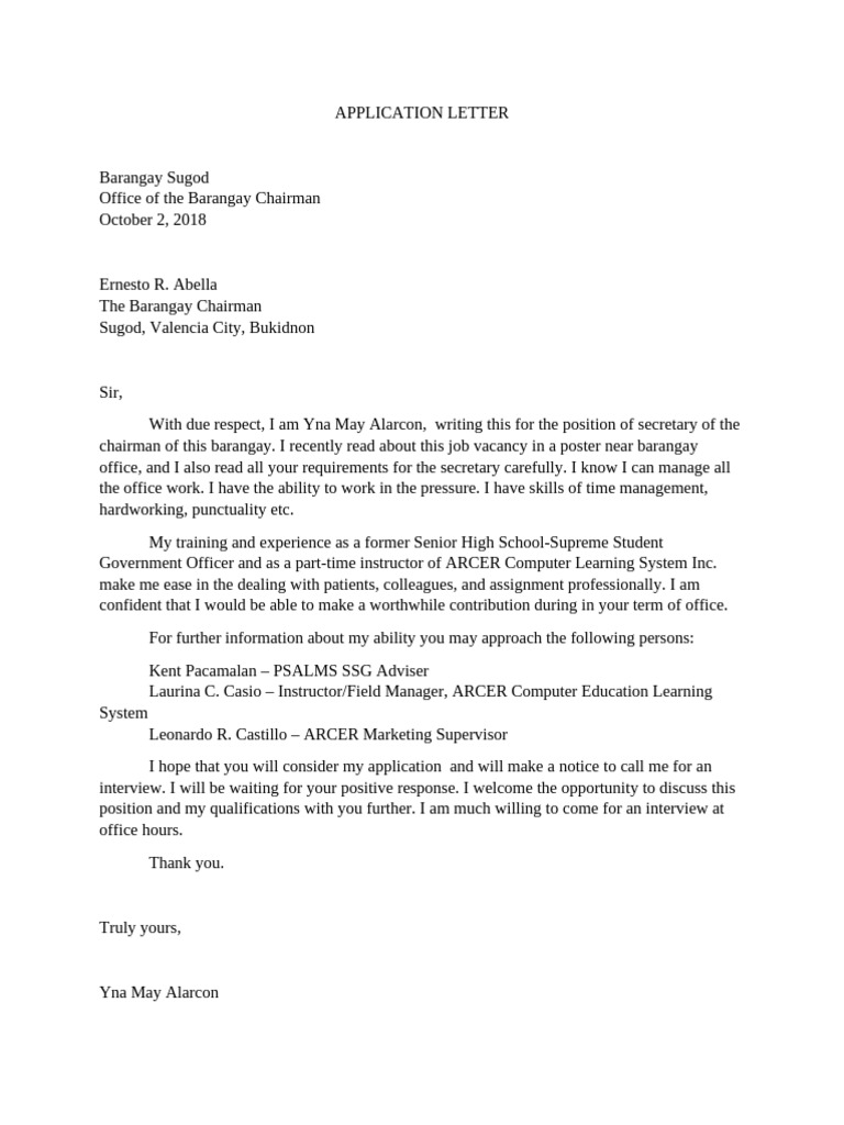 Application Letter by Yna May Alarcon | PDF