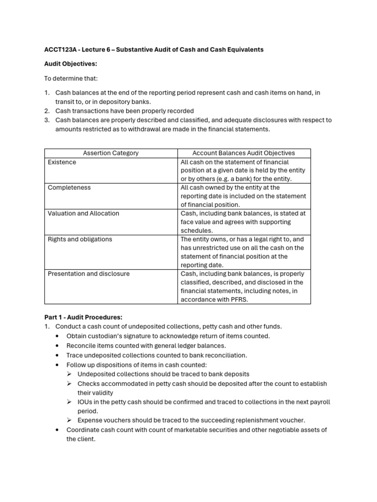 Substantive Audit of Cash Procedures | PDF | Banks | Debits And Credits