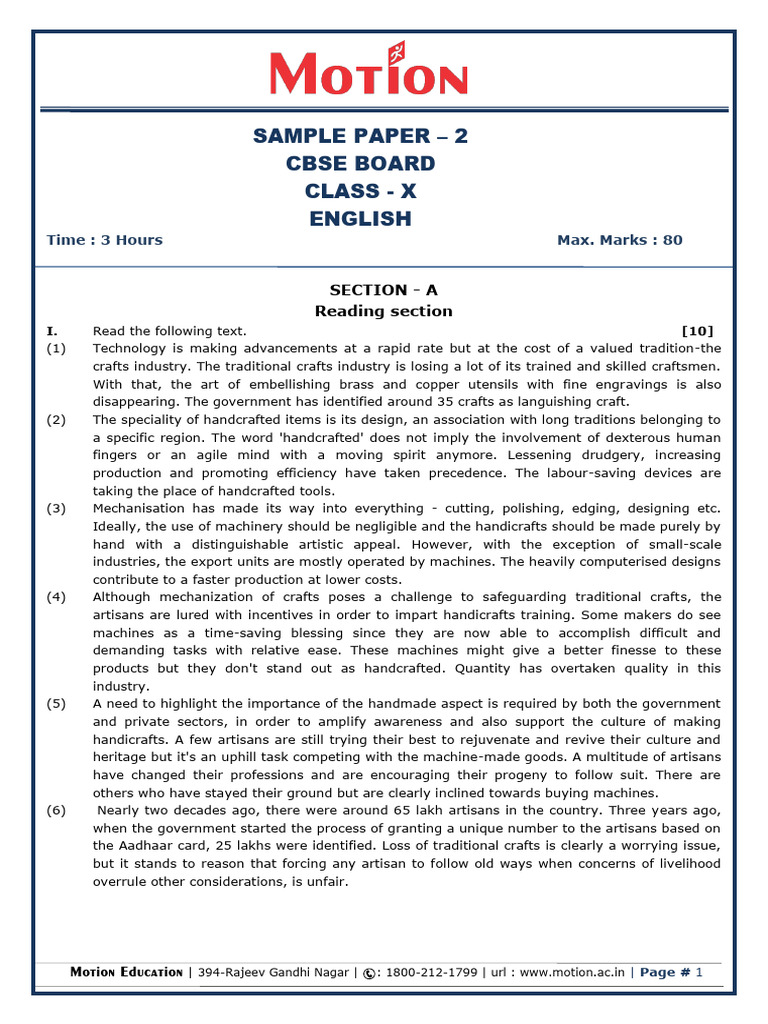 CBSE Class 10 Sample Paper 2 English | PDF | Tourism | Mechanization