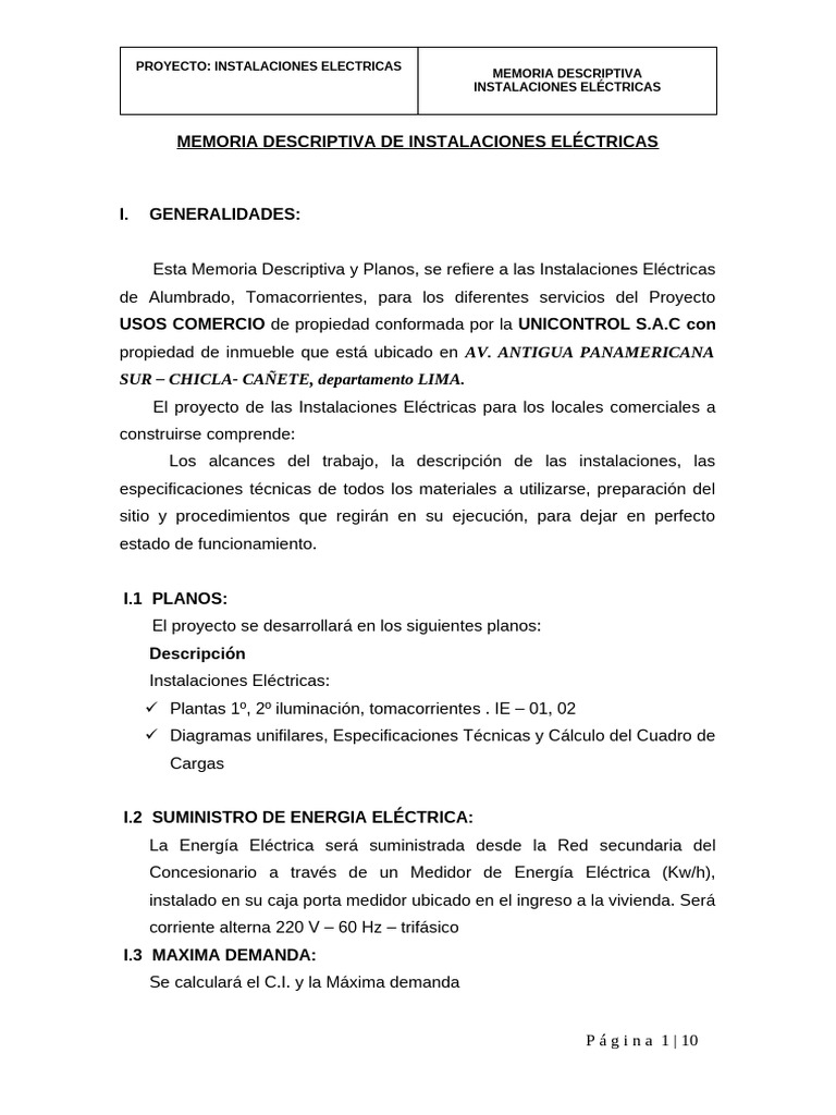 Memoria Descriptiva i. Eléctricas | PDF | Cableado eléctrico | Corriente eléctrica