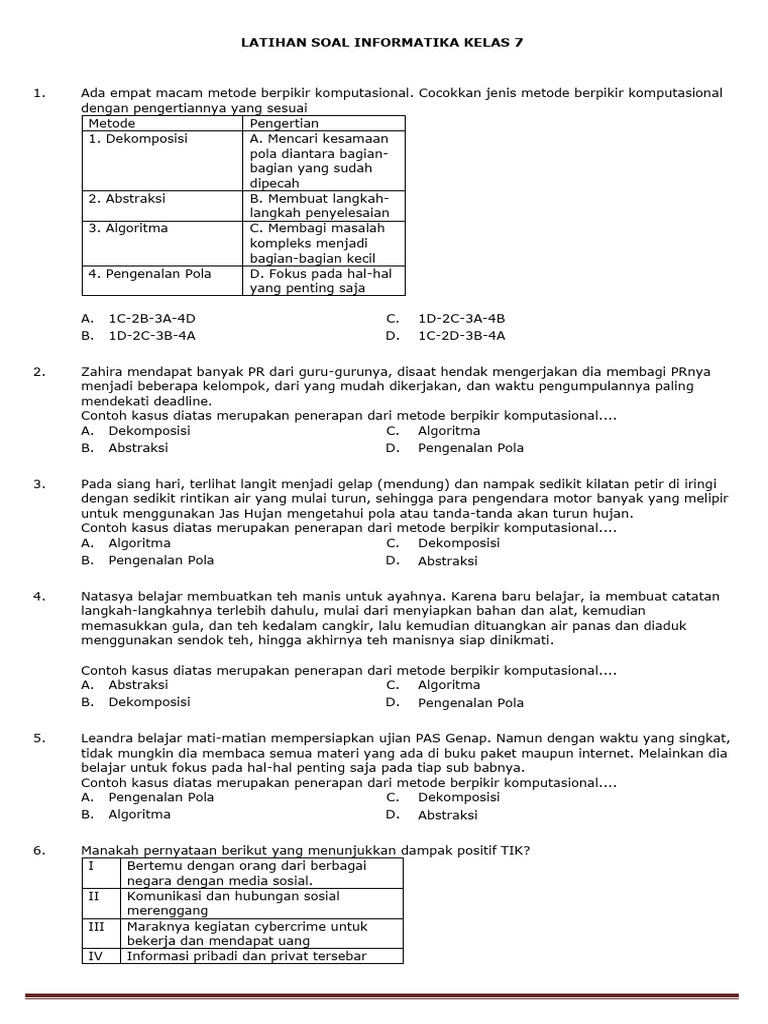 LATIHAN SOAL INFORMATIKA KELAS 7 | PDF