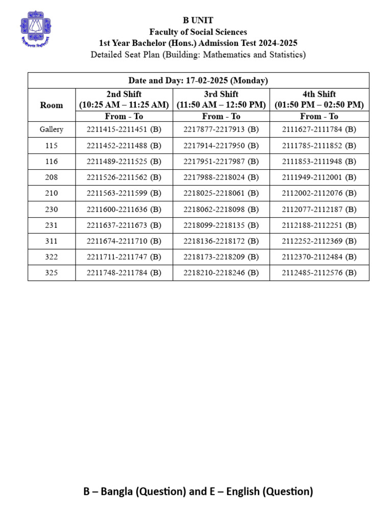 JU Admission 2024 2025 B Unit Room Wise Seat Plan | PDF | Qualifications | Educational Stages