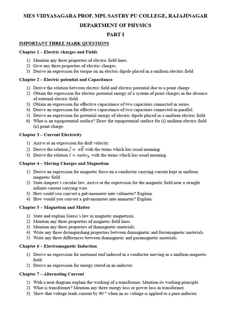 Important Physics Questions for PU Students | PDF | Inductor | Voltage