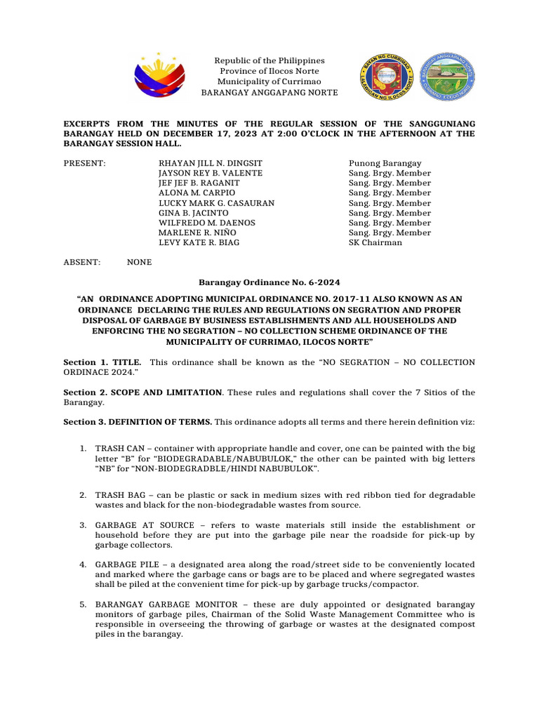 Currimao Barangay Waste Management Ordinance | PDF | Municipal Solid Waste | Waste