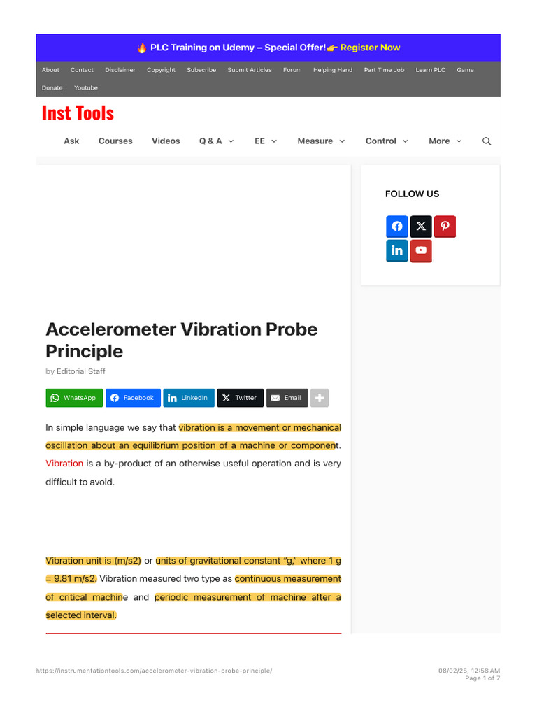 Accelerometer Vibration Probe Principle - InstrumentationTools | PDF | Accelerometer | Oscillation