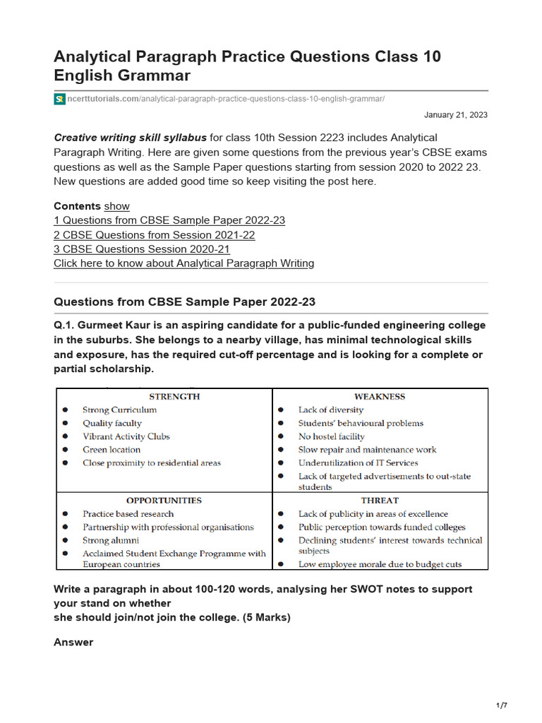 Analytical Paragraph Practice Questions Class 10 English Grammar | PDF ...