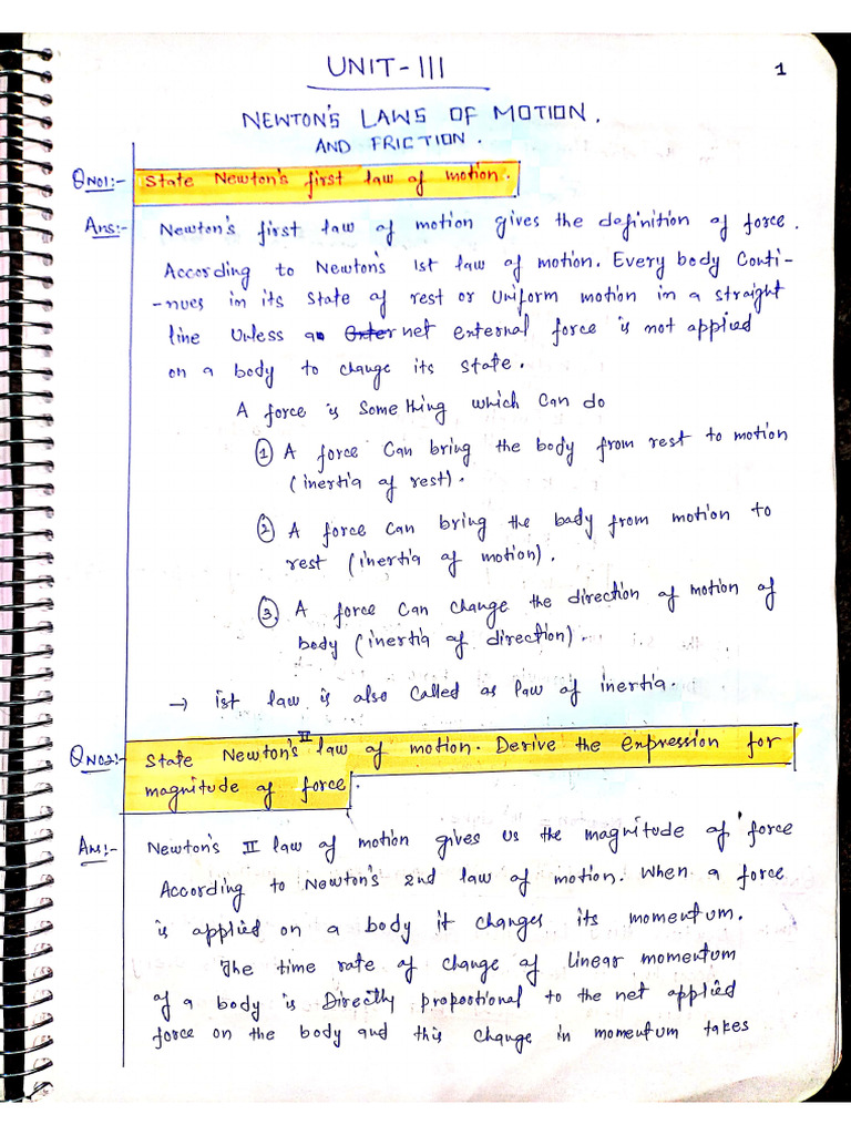 Full Unit Notes NLM and Friction Class 11th ORCC | PDF