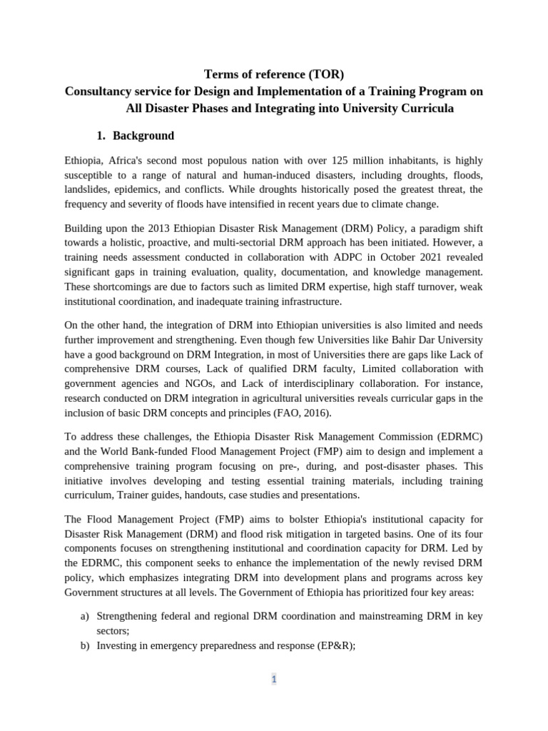 TOR For Consultancy Service To Design and Implementation of A Training ...