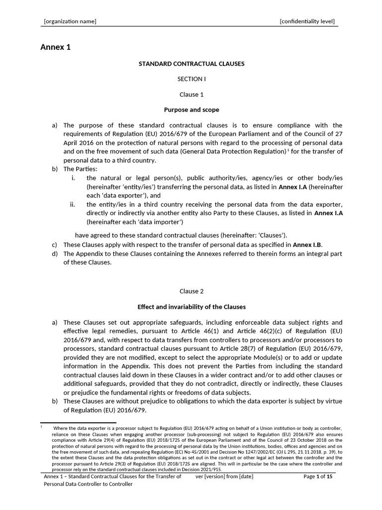 07.2 Annex 1 Standard Contractual Clauses For The Transfer Controller To Controller EN | PDF ...