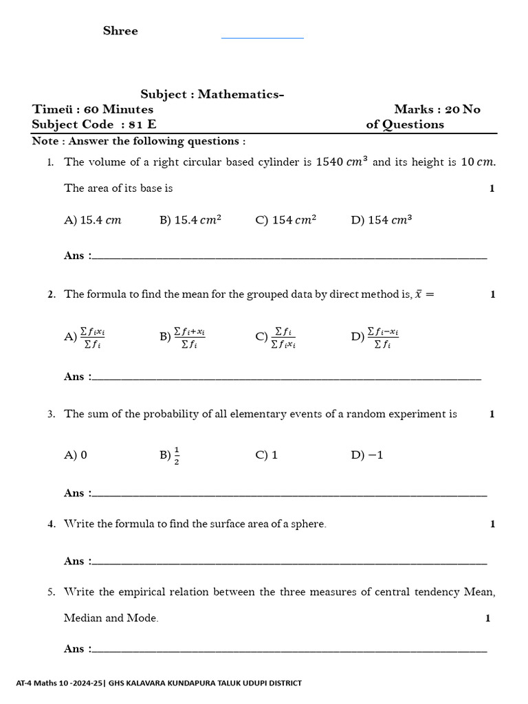 10th STD Maths Fa-4 Question Paper Eng Version 2024-25 by Ghs | PDF ...