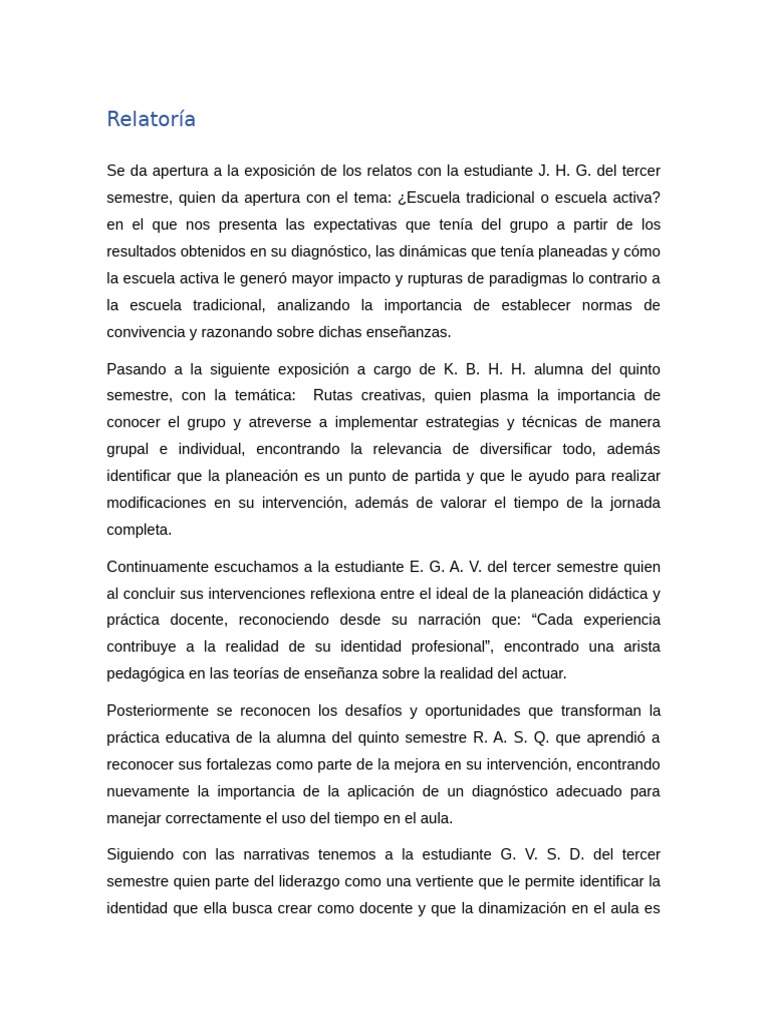 Relatoría | PDF | Salón de clases | Enseñando