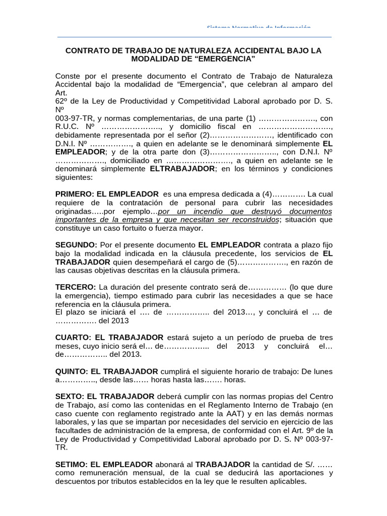 CONTRATO_ACCIDENTAL_EMERGENCIA | PDF | Derecho laboral | Economias