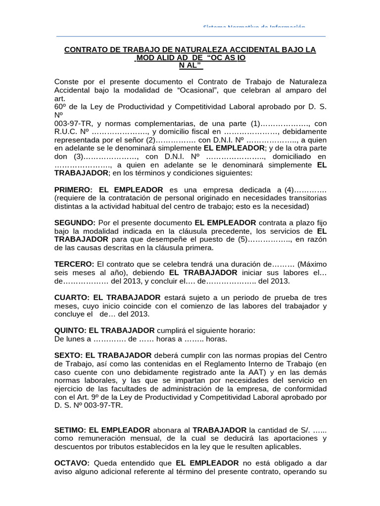 CONTRATO_ACCIDENTAL_OCASIONAL | PDF | Derecho laboral | Economias