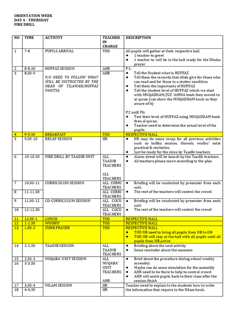 Orientation Week Day 4 Schedule | PDF | Semitic Words And Phrases | Quran