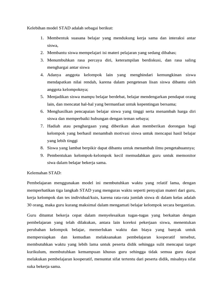 Kelebihan Model STAD Adalah Sebagai Berikut | PDF