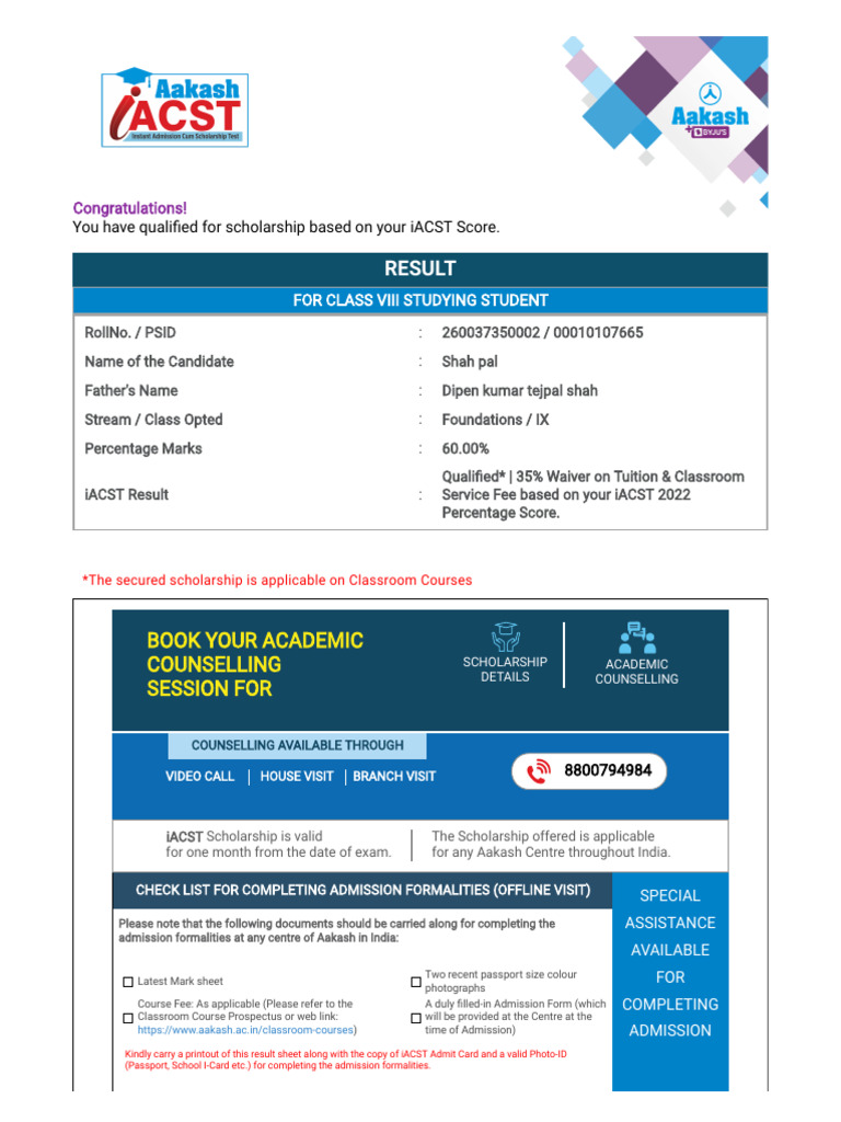 Student Result - Aakash BYJU's | PDF