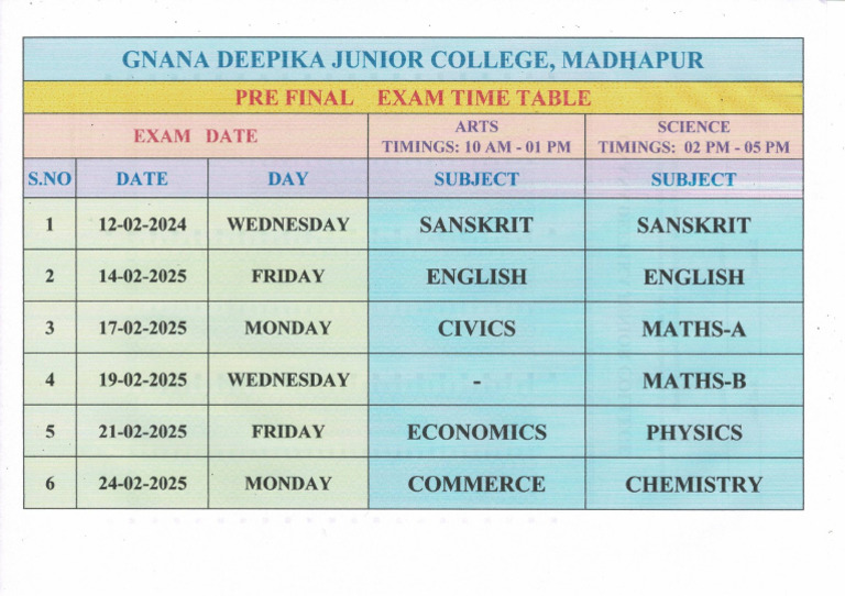 Pre Final Exam Time Table New | PDF