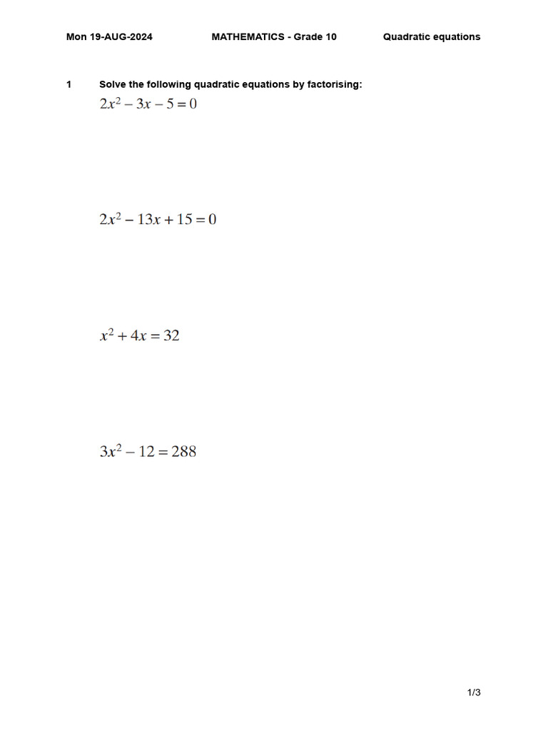 Grade 10 Quadratic Equations Guide | PDF