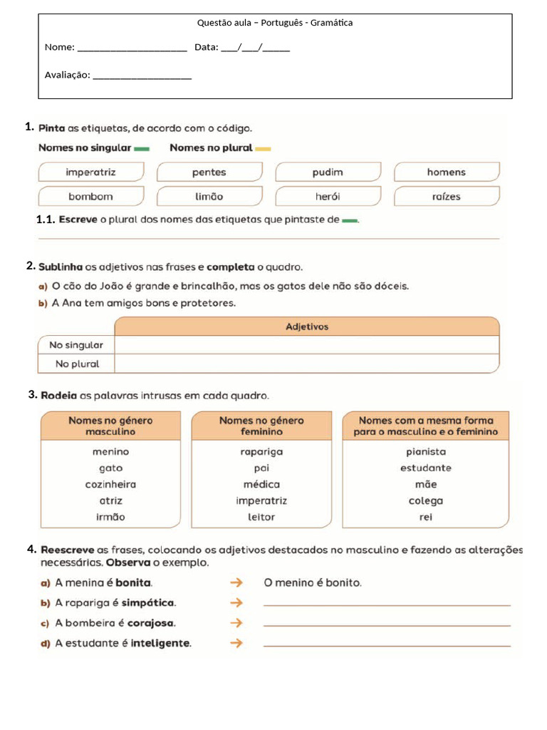 Questão aula flexão em género e numero de nomes e adjetivos | PDF