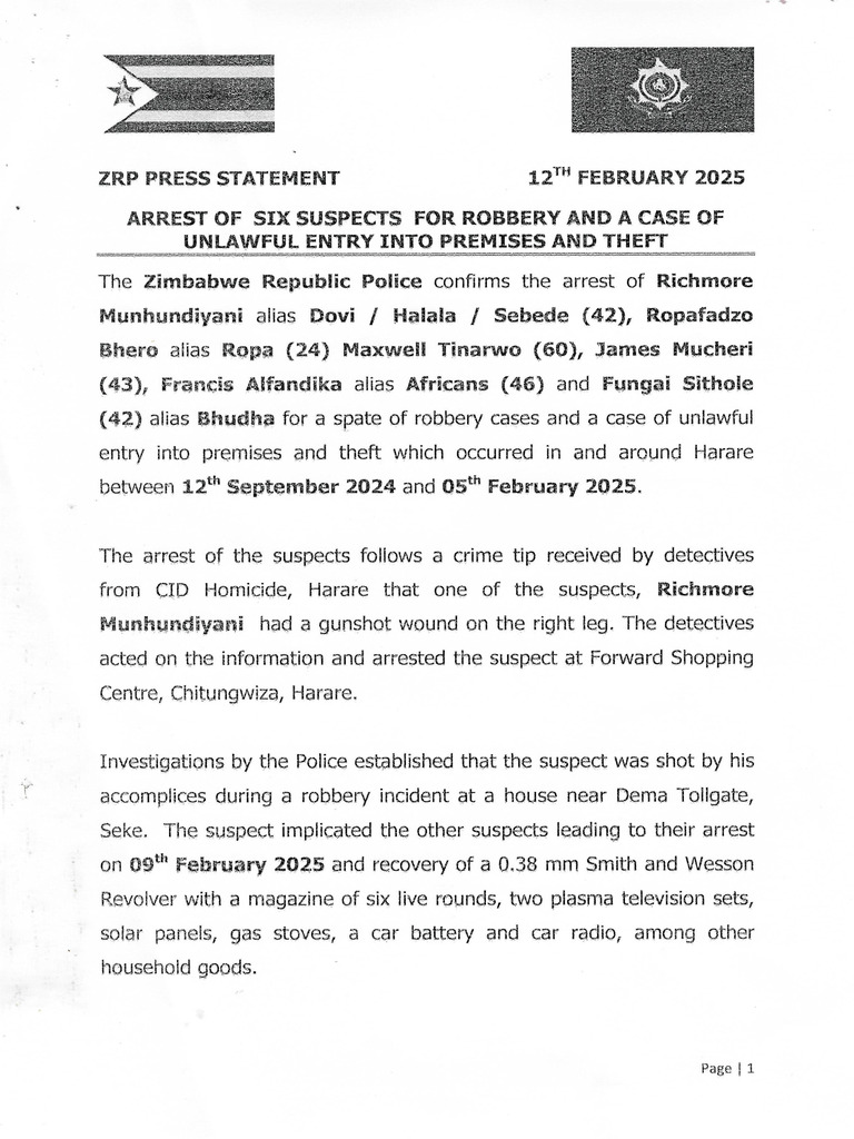 ZRP Statement 13 February 2025 - Armed Robbery Suspects 01 | PDF