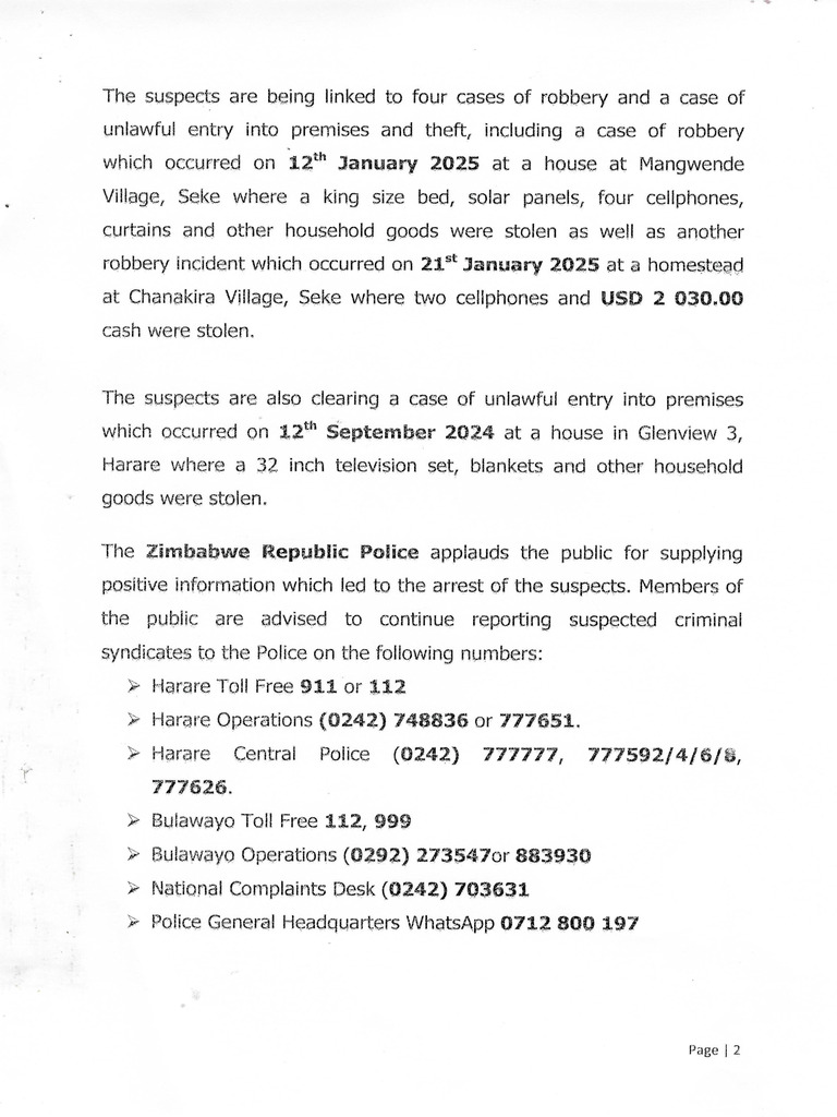 ZRP Statement 13 February 2025 - Armed Robbery Suspects 02 | PDF
