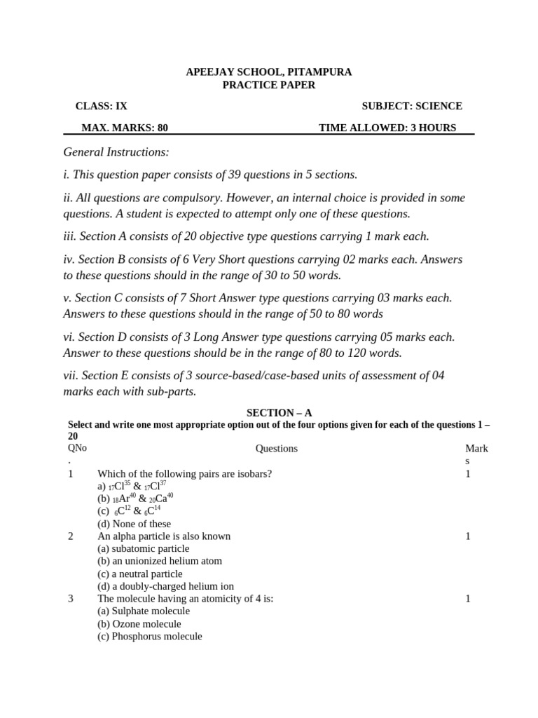 Class 9 Practice Paper Science | PDF | Atomic Nucleus | Atoms