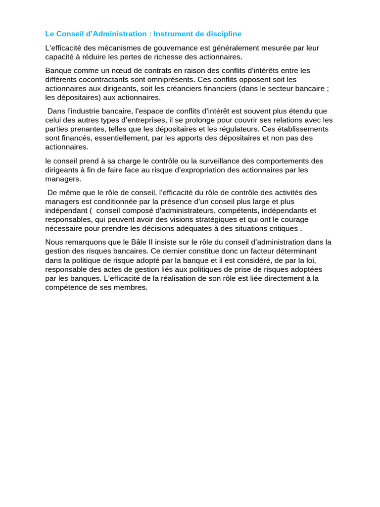 Rôle du Conseil d'Administration en Banque | PDF | Crédit | Finance et ...