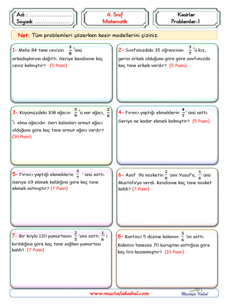 4 Matematik Kesirler Problemler 1 | PDF