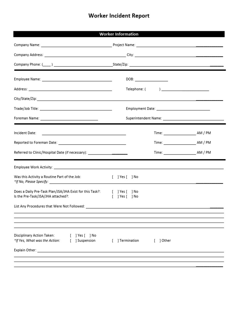 Worker Incident Report - Blank | PDF | Health Care | Safety