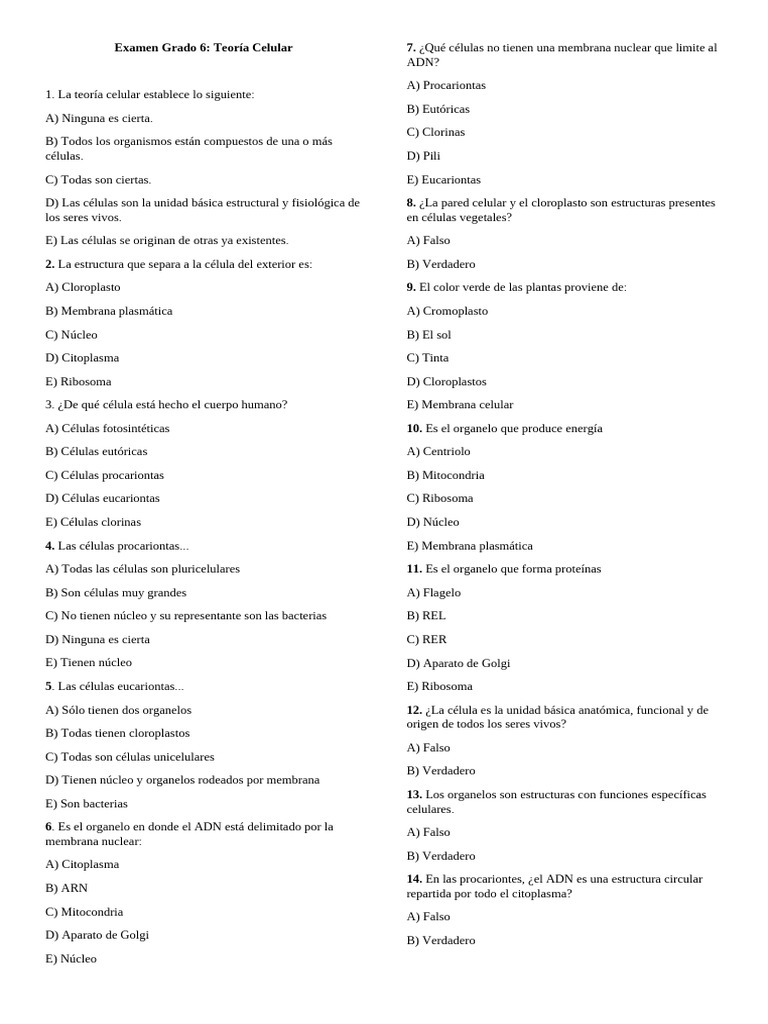 Examen Teoría Celular Grado 6 | PDF | Citoplasma | Biología Celular)