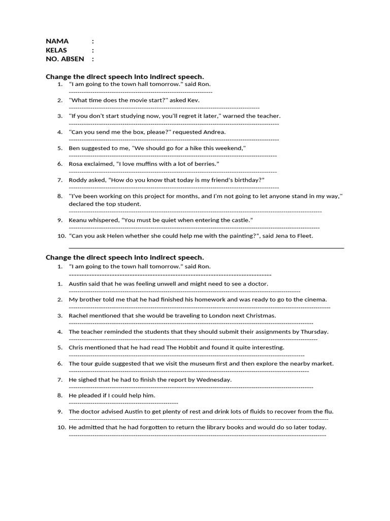 Indirect Speech Practice Sheet | PDF