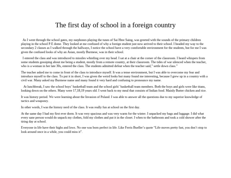 First Day of School Abroad Experience | PDF